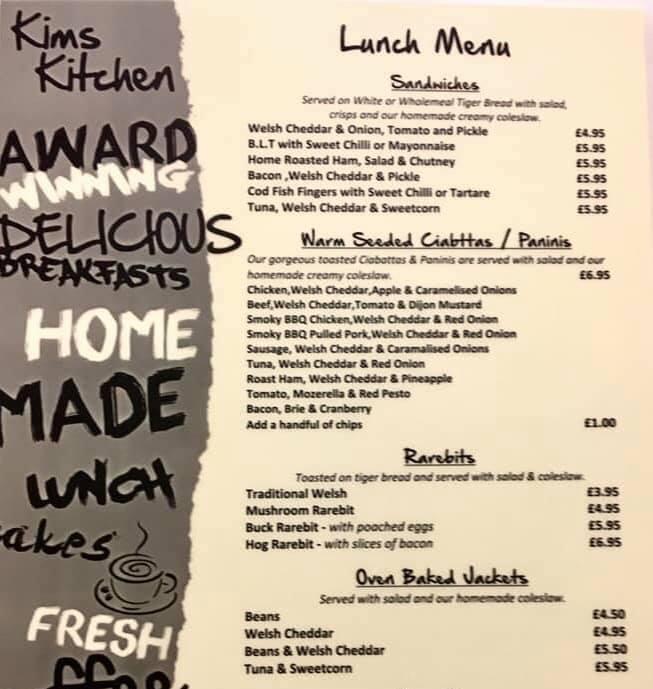Menu at Kim's Kitchen cafe, Prestatyn