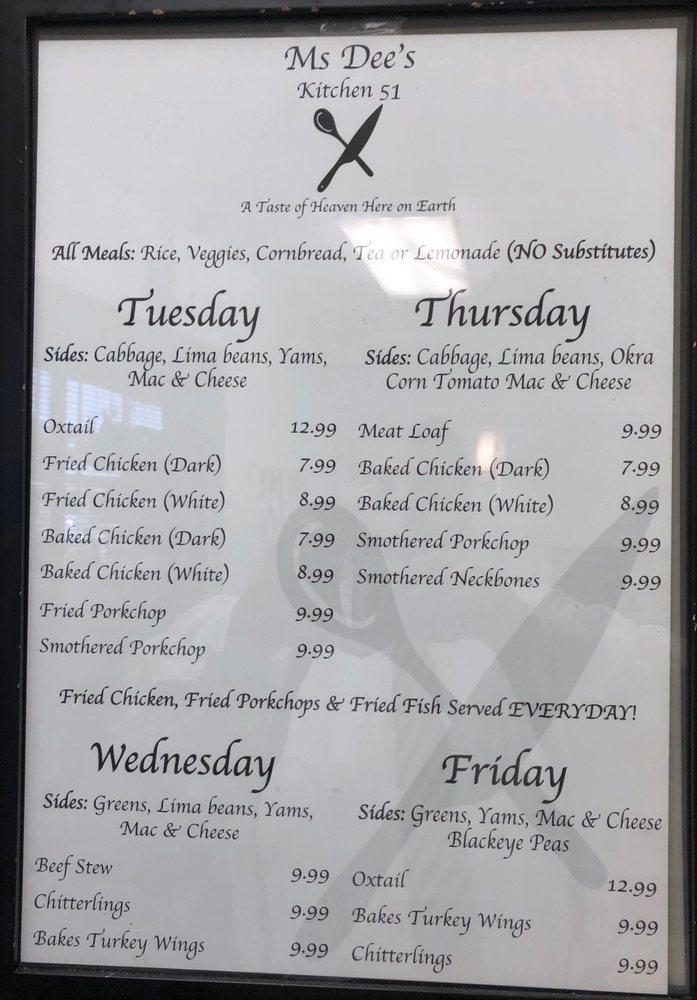 Menu at Ms. Dee's Kitchen 51 LLC restaurant, Tallahassee