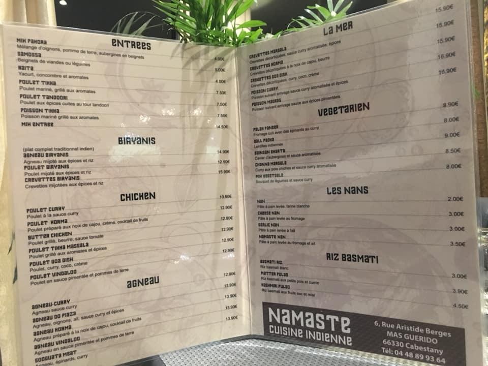 Menu at Namaste Restaurant Indien, Cabestany
