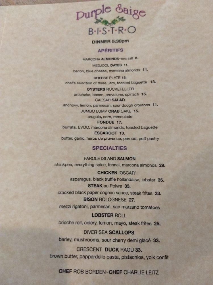 Menu at Purple Saige Bistro restaurant, Lake Placid