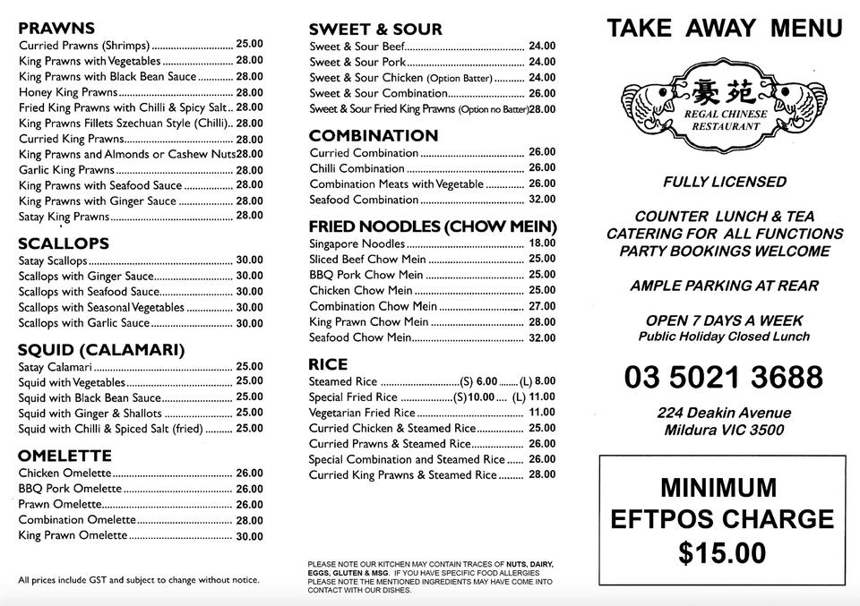Menu at Regal Chinese Restaurant, Mildura