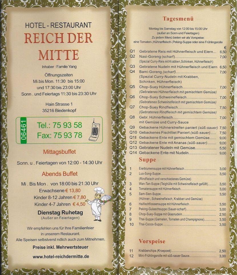 Speisekarte von Reich der Mitte restaurant, Biedenkopf