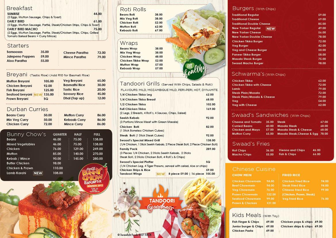 Menu at Swaadisht Foods Stanger restaurant, KwaDukuza