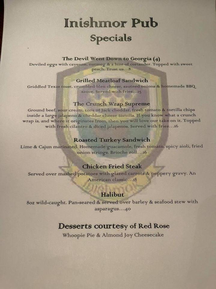 Menu at The Inishmor pub & bar, Colchester