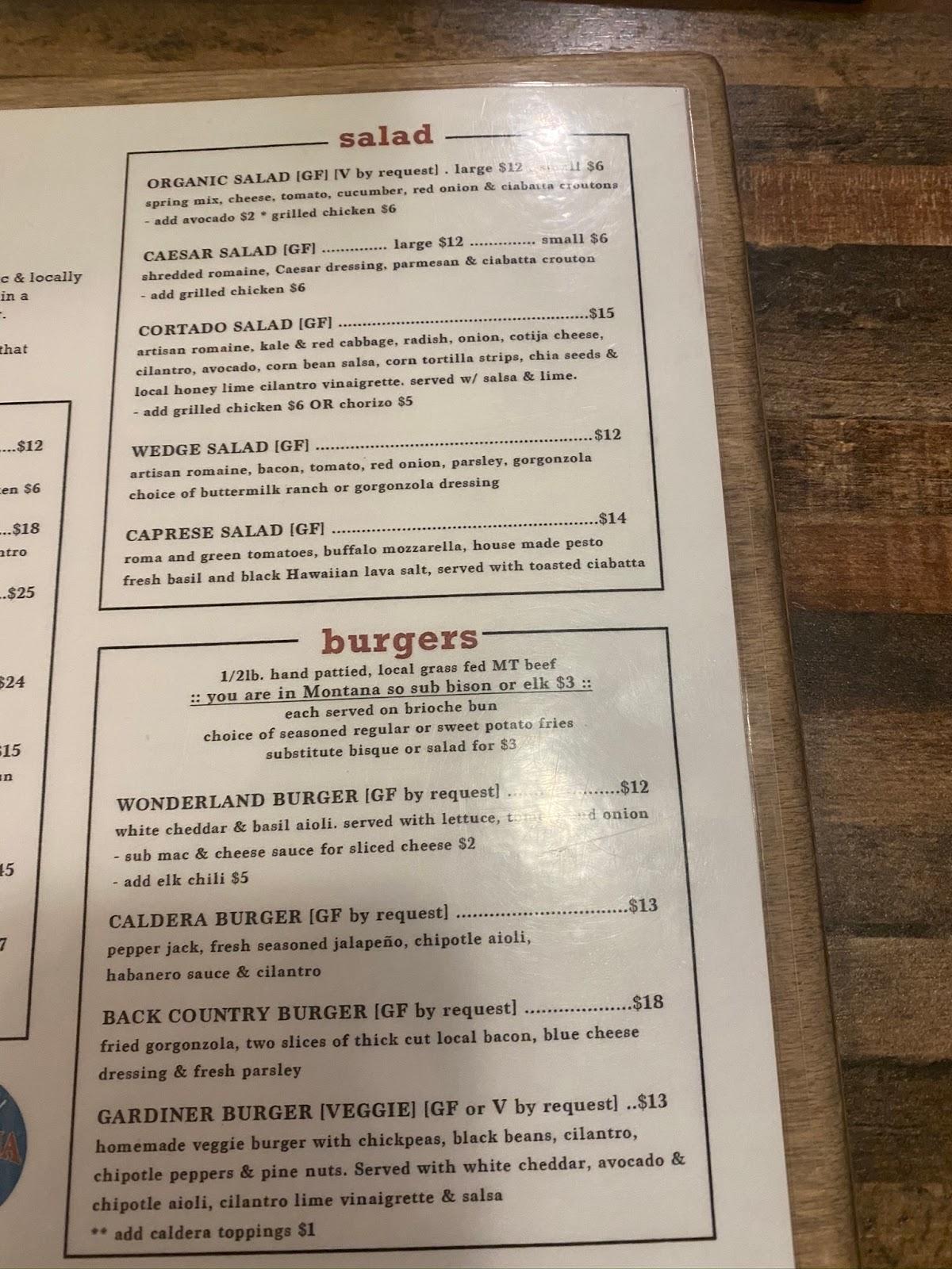 Menu at Wonderland Cafe & Lodge, Gardiner