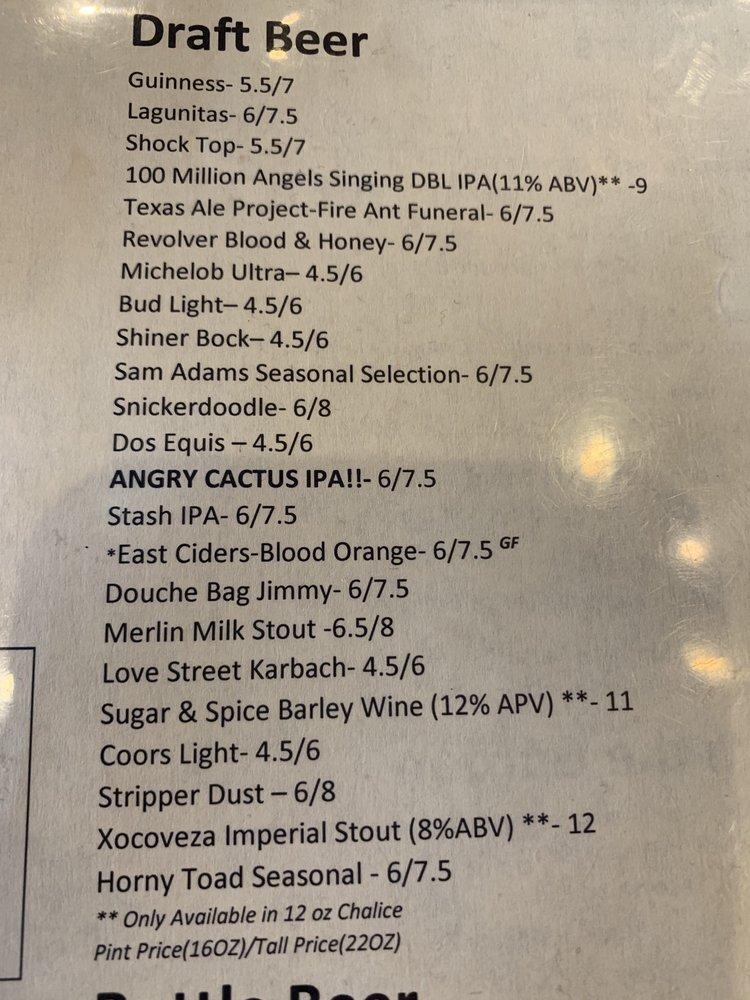 Menu at Angry Cactus pub & bar, San Angelo