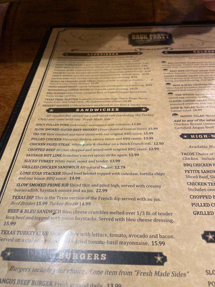 Menu at Back 40 Texas BBQ Restaurant & Catering, Roseville, Orlando Ave
