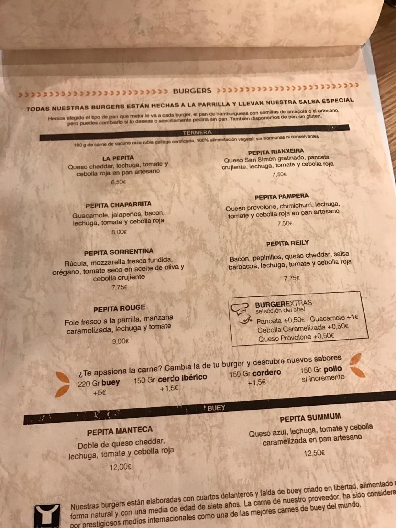 Carta de La Pepita Burger Bar - El Corte Inglés Vigo, Vigo, Av. da Gran Vía