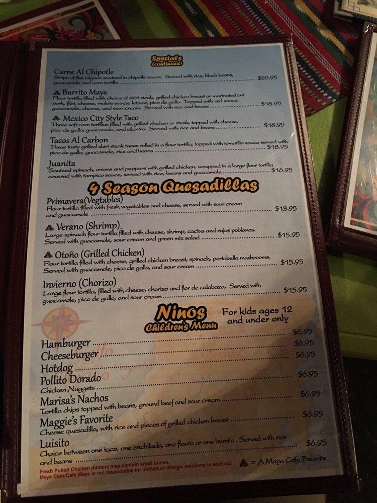 Menu at Maya Cafe, Fishkill