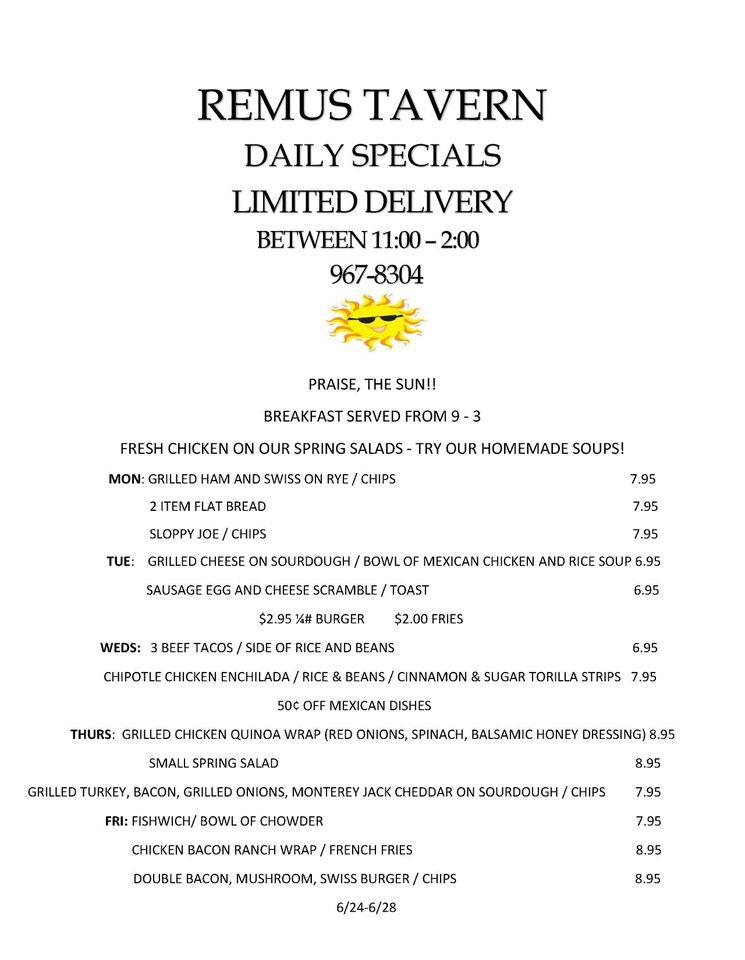 Menu at Remus Tavern pub & bar, Remus