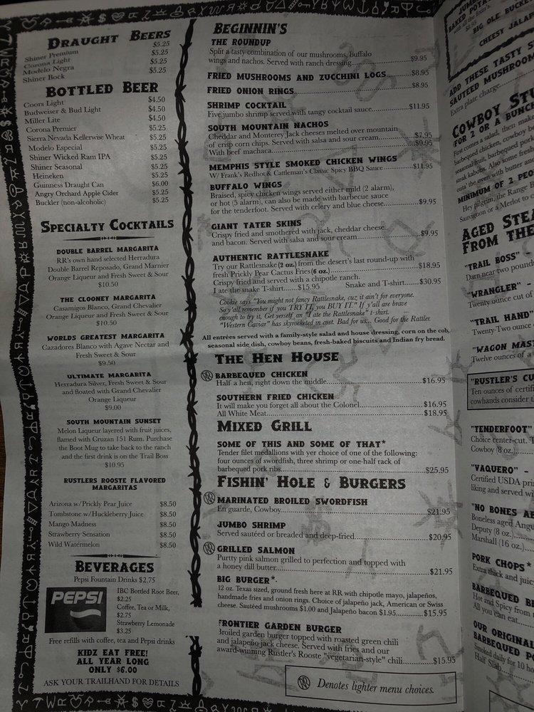 Menu at Rustler’s Rooste steakhouse, Phoenix