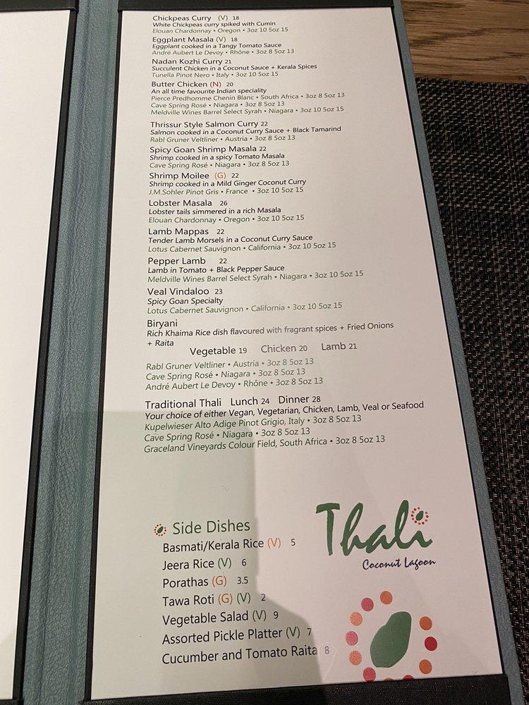 Menu at Thali restaurant, Ottawa