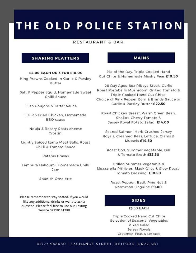Menu at The Old Police Station restaurant, Retford