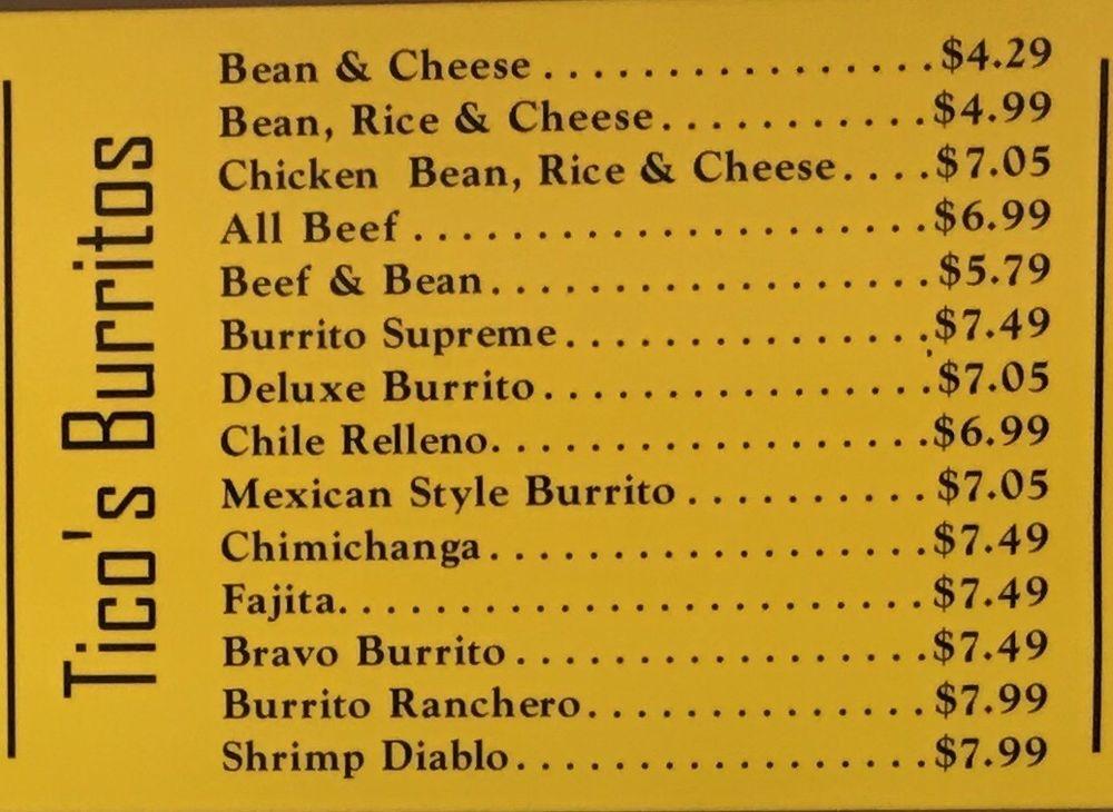 Menu at Ticos Tacos restaurant, Simi Valley, E Los Angeles Ave