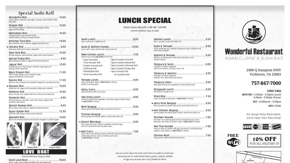 Menu at Wonderful Restaurant Asian Cuisine & Sushi Bar, Newport News