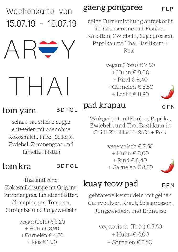Menu at Aroy Thai restaurant, Linz