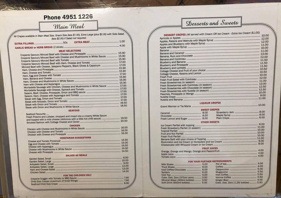 Menu at Creperie Restaurant, Mackay