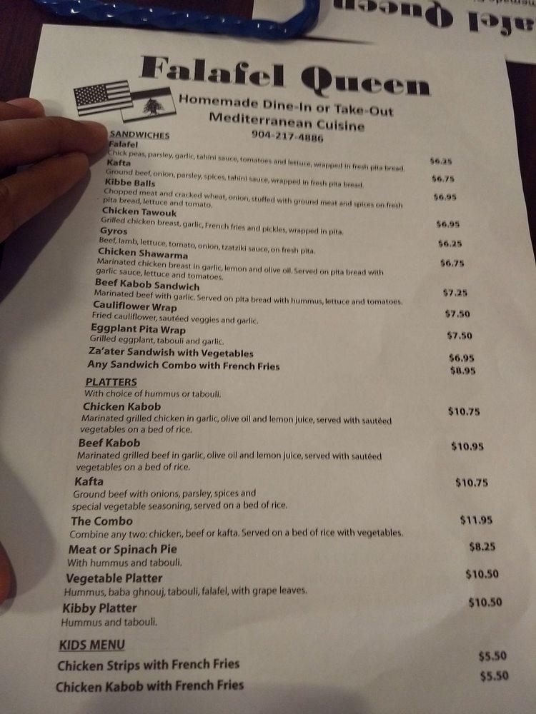 Menu at Falafel Queen restaurant, St. Augustine