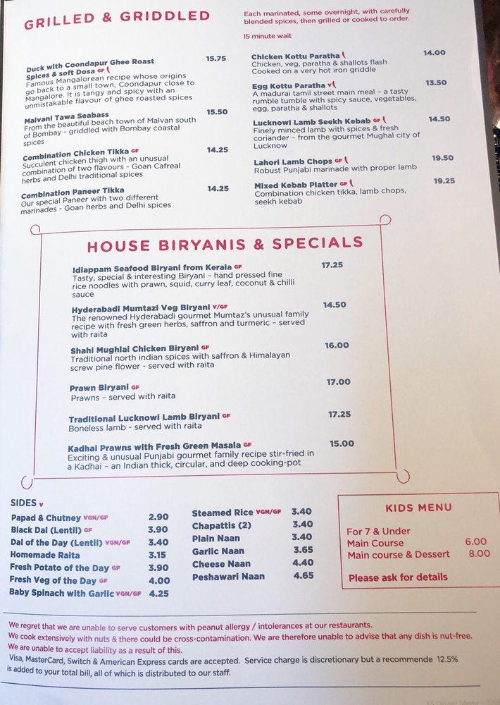 Menu at Masala Zone Covent Garden restaurant, London, 48 Floral St