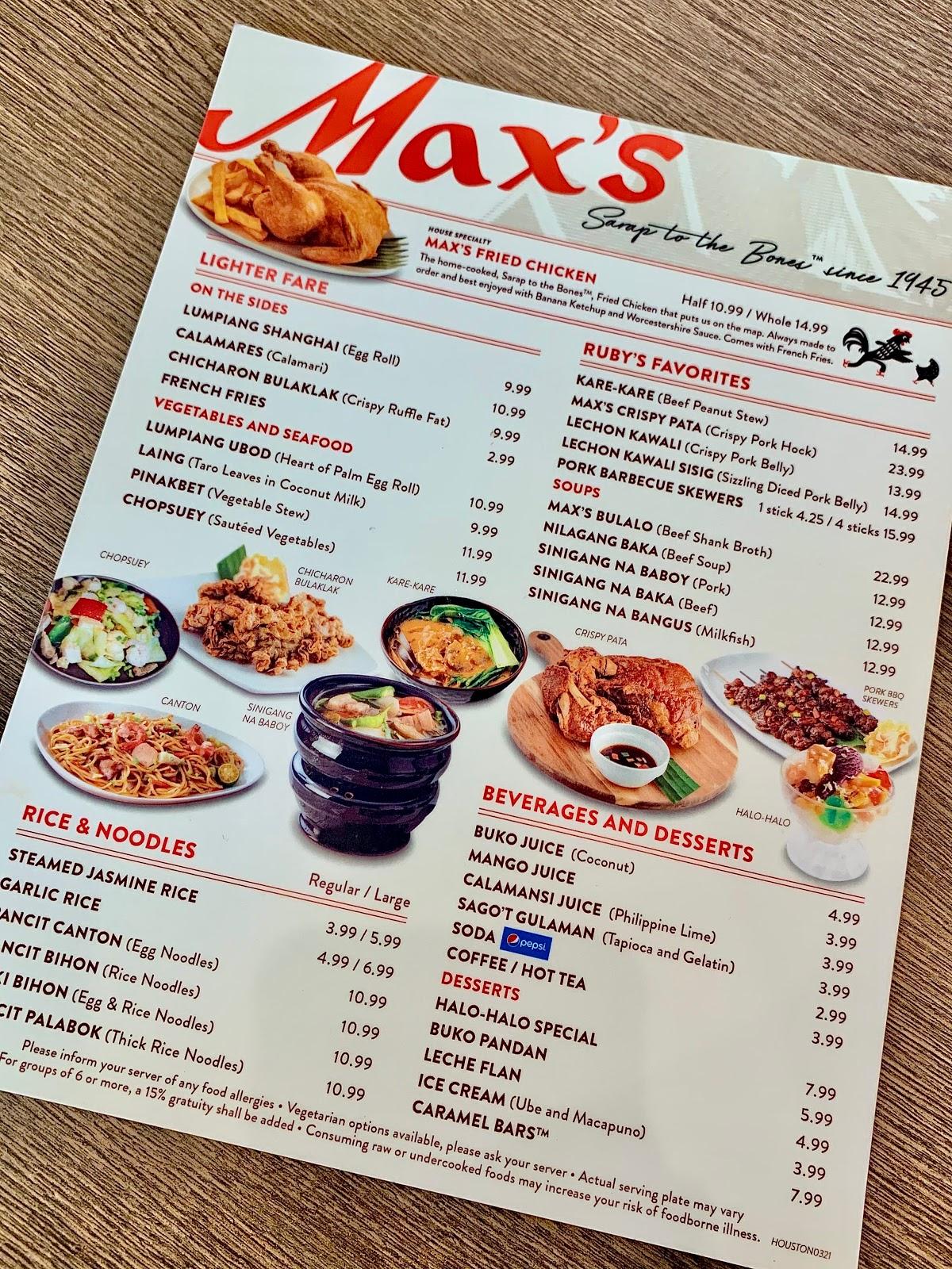 Menu at Max's Restaurant Houston, Houston