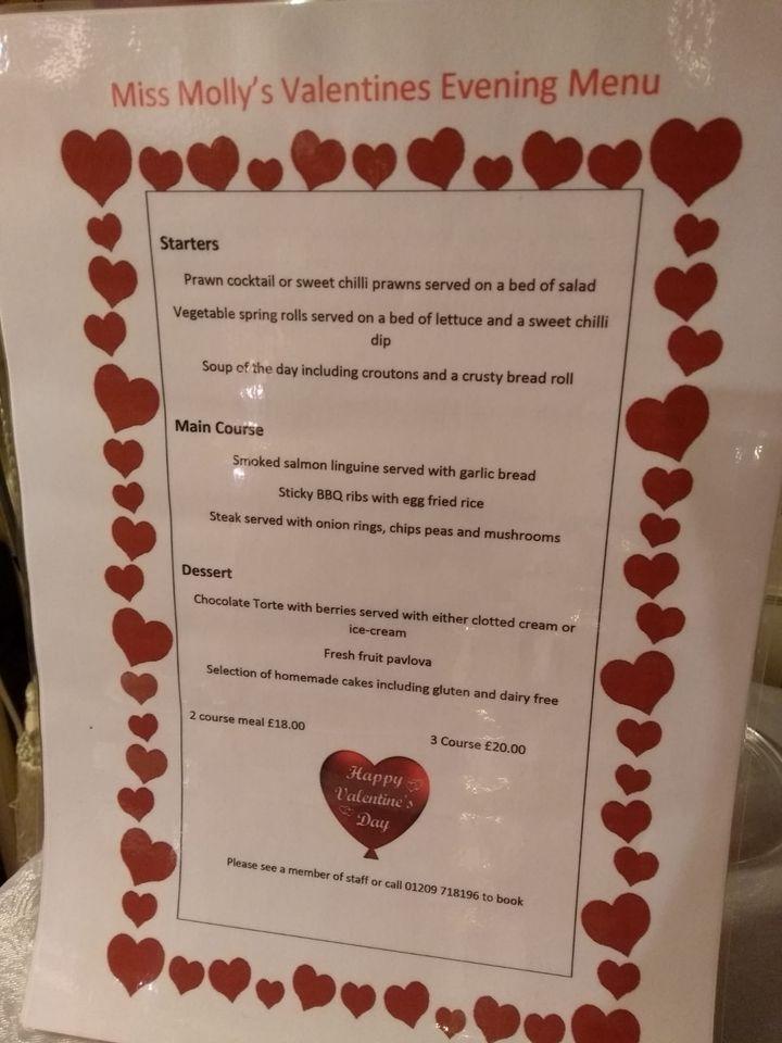 Menu at Miss Molly's Tea Room restaurant, Camborne, The Old College