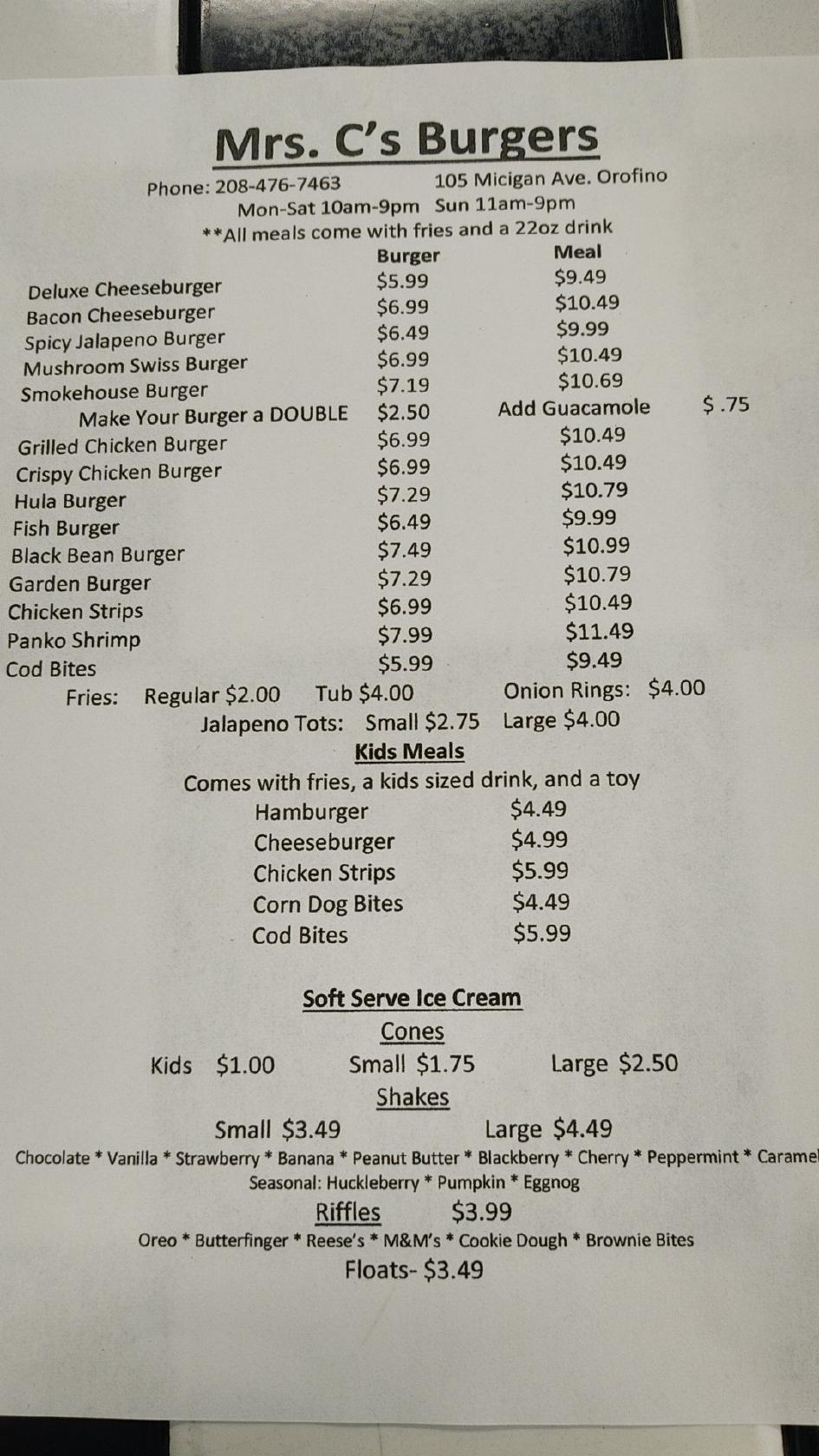 Menu at Mrs. C's Burgers restaurant, Orofino