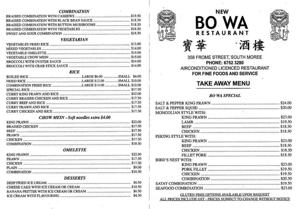 Menu at New Bo Wa Restaurant, Moree