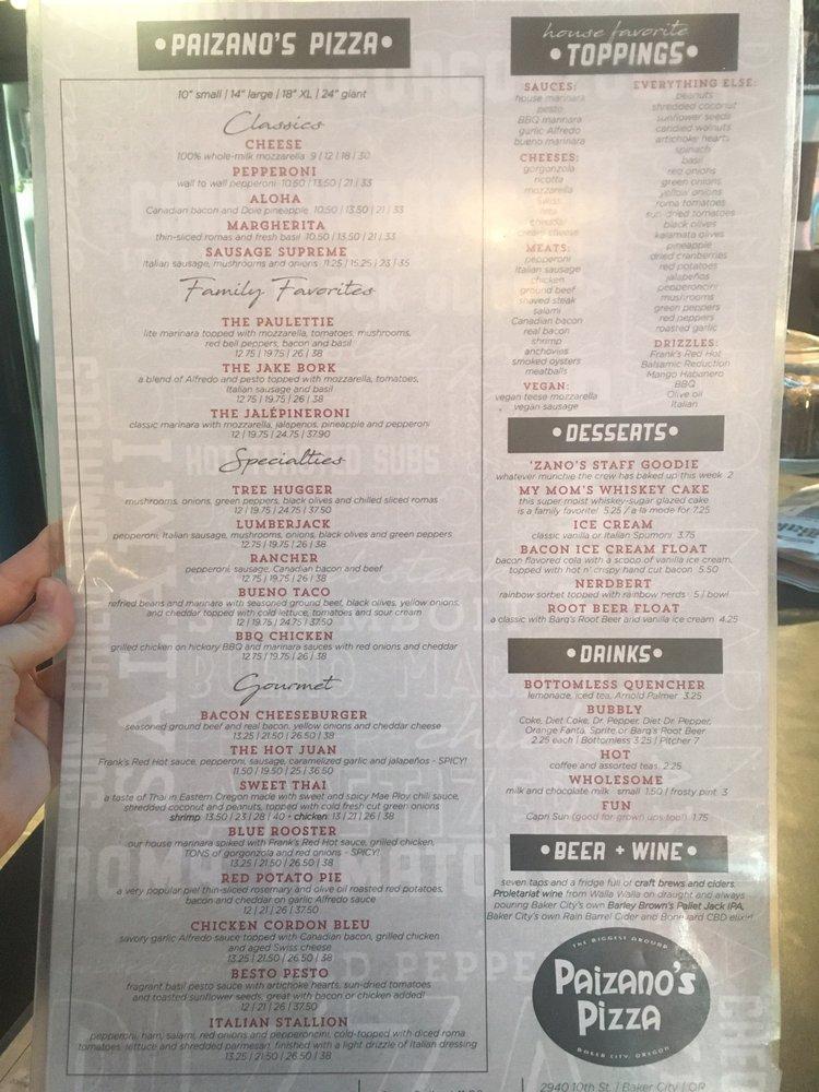 Menu at Paizano's Pizza pub & bar, Baker City