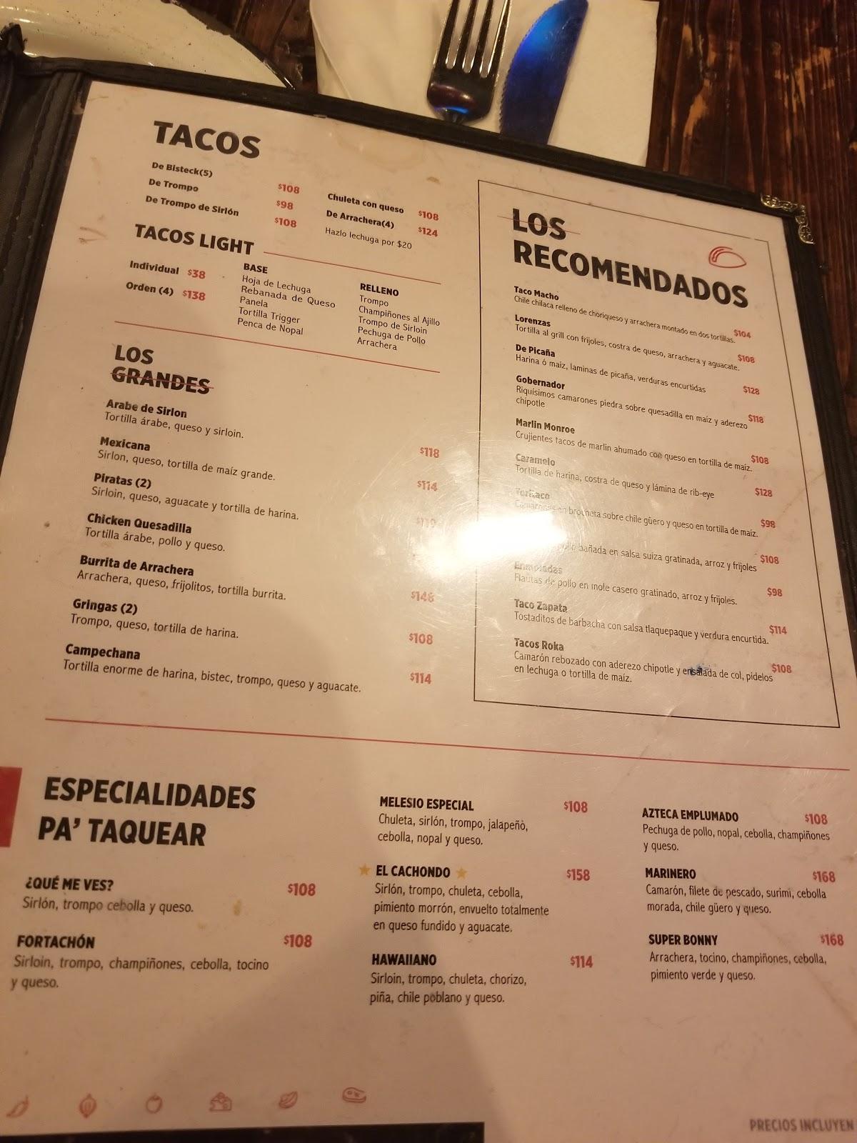 Carta del restaurante Puro Taco, Monclova