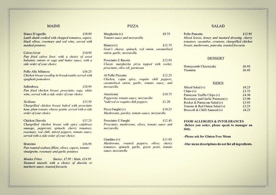 Menu at SENSI Italian Restaurant, Pinner