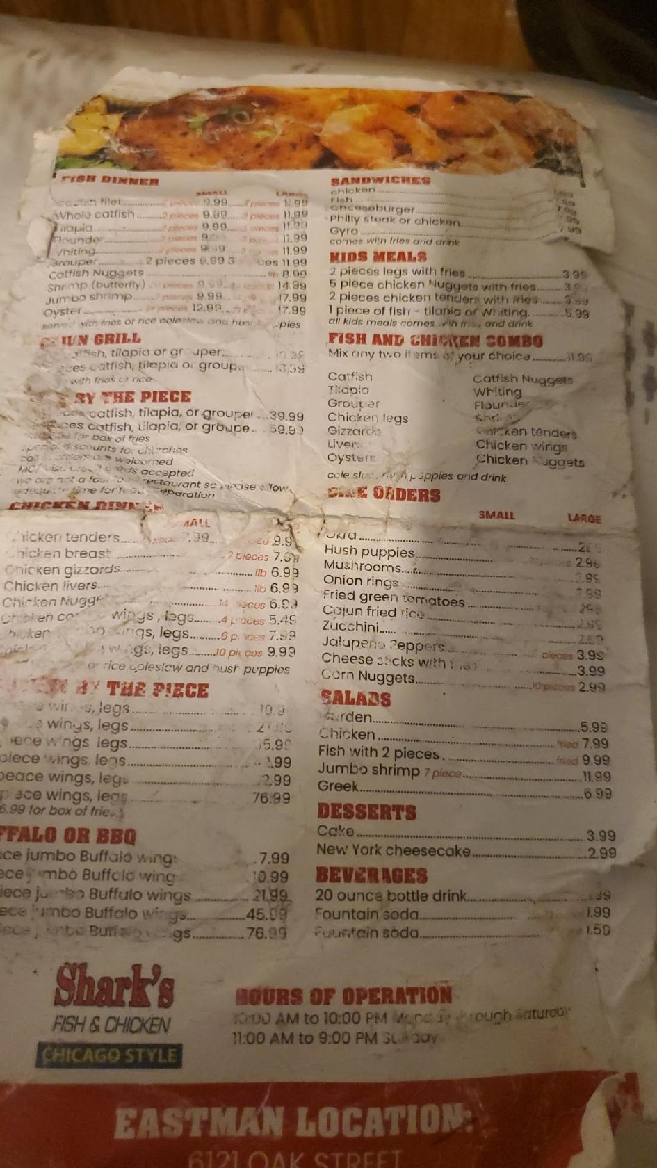 Menu at Sharks Fish & Chicken Chicago Style restaurant, Eastman
