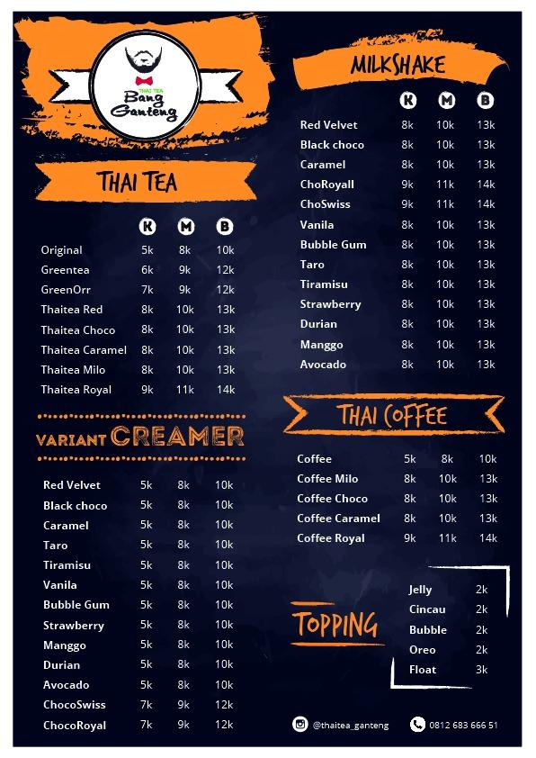 Menu at Thai Tea Bang Ganteng cafe, Payakumbuh