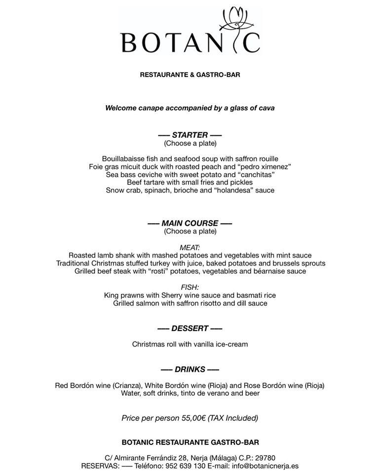 Menu at Botanic restaurant, Nerja