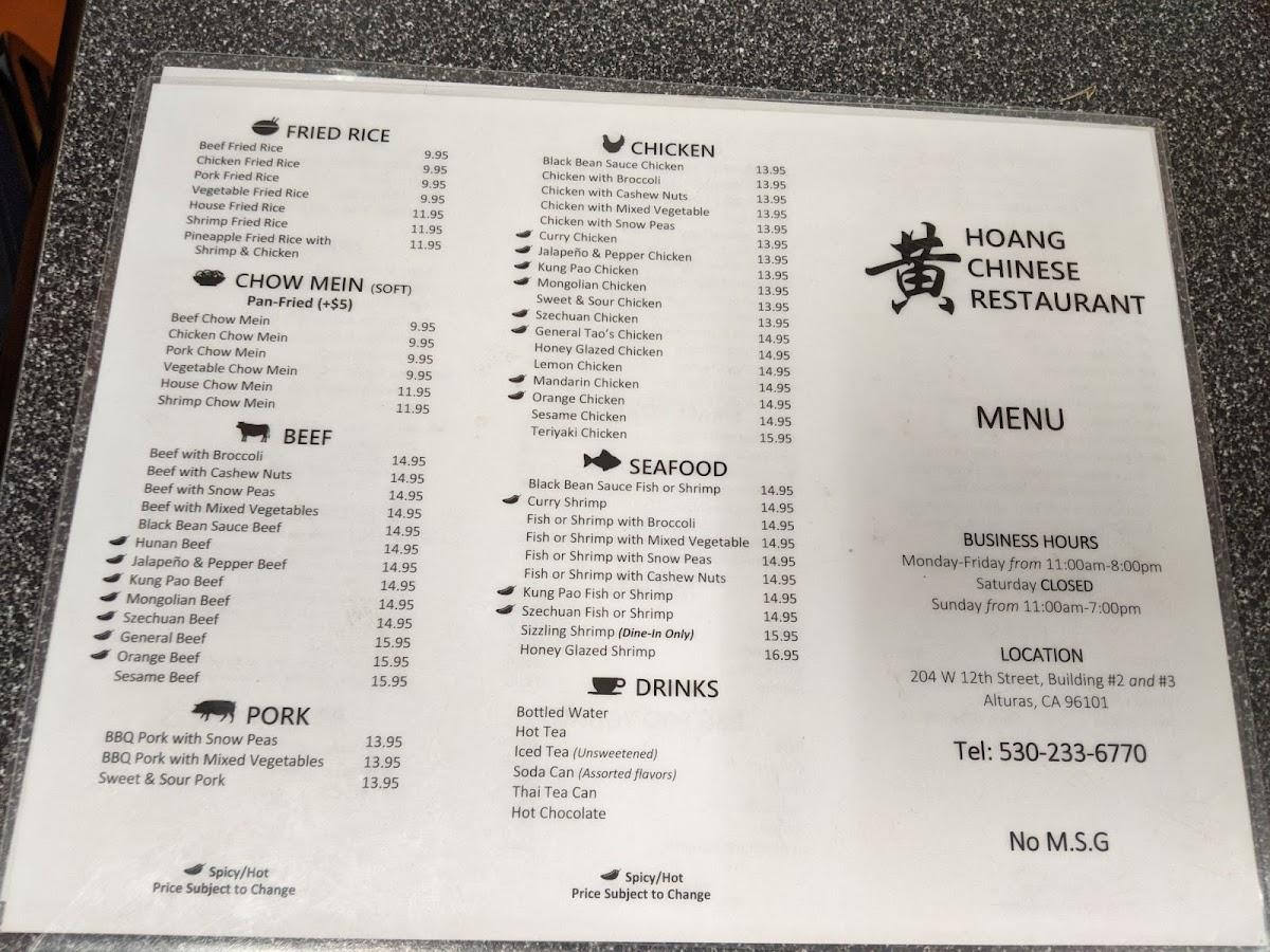 Menu at Hoang Chinese Restaurant, Alturas