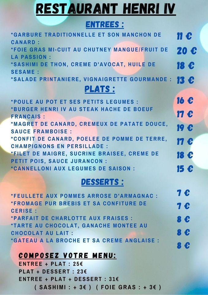 Menu at Le Henri IV restaurant, Pau