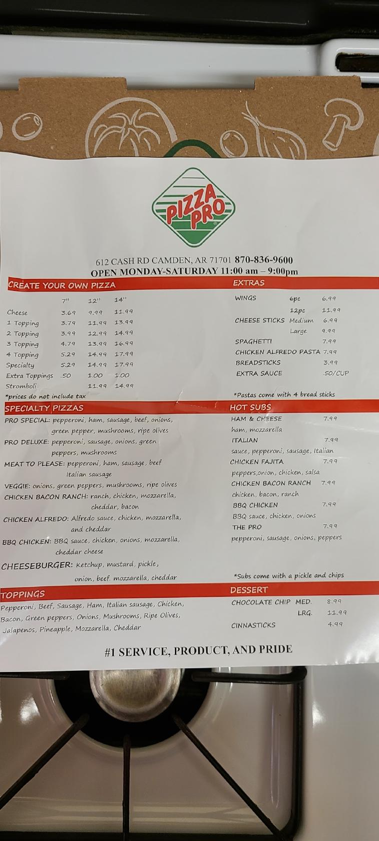 Menu at Pizza Pro of Camden pizzeria, Camden, 612 Cash Rd SW