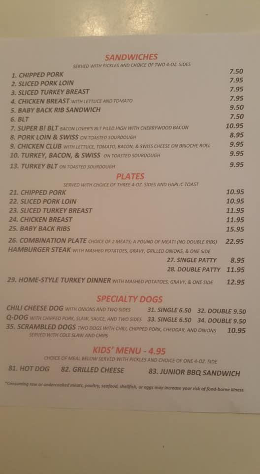 Menu at Three Lil Pigs BBQ, Pine Mountain, 250 Main St
