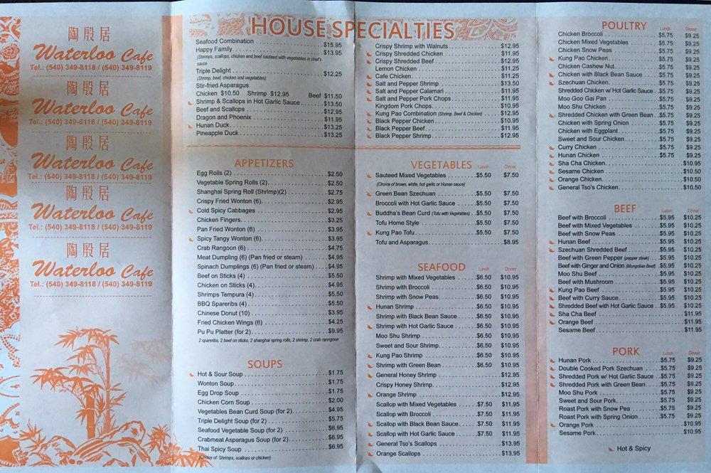 Menu at Waterloo Cafe, Warrenton