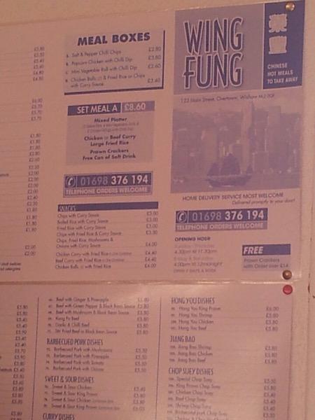 Menu at Wing Fung Restaurant, Wishaw, 123 Main St