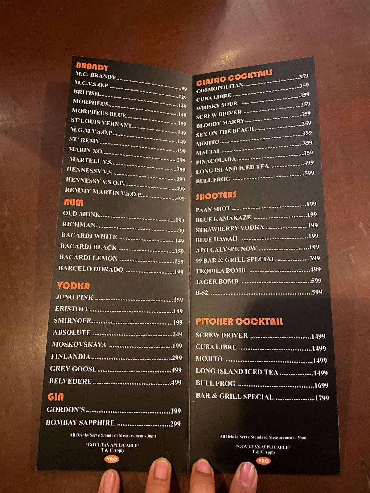 Menu at 99 Lounge & Grill, Chennai