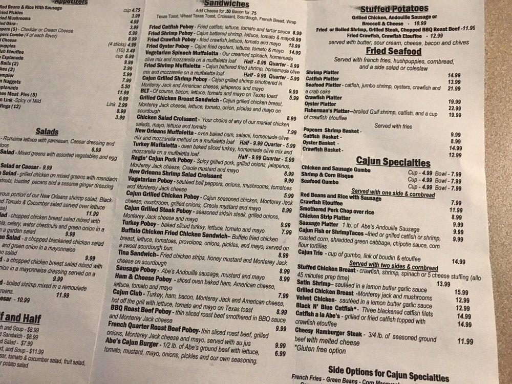 Menu at Abe's Cajun Market restaurant, Houston