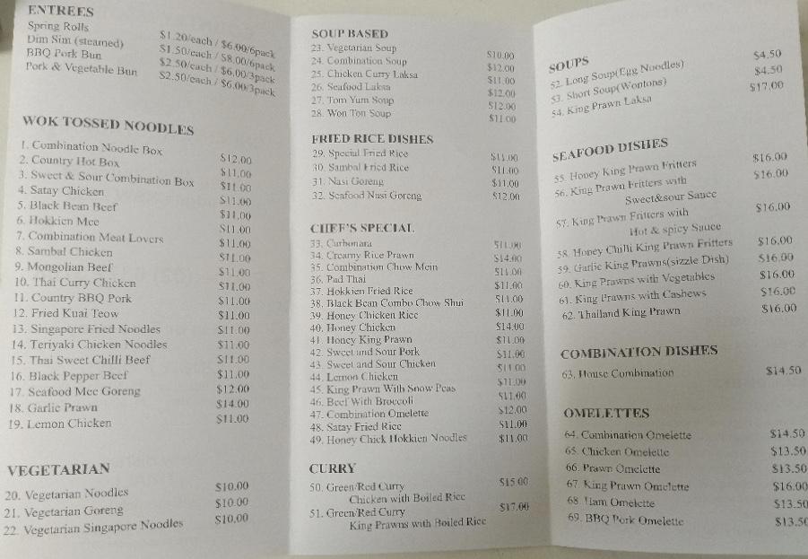 Menu at Country Noodles fast food, Mudgee