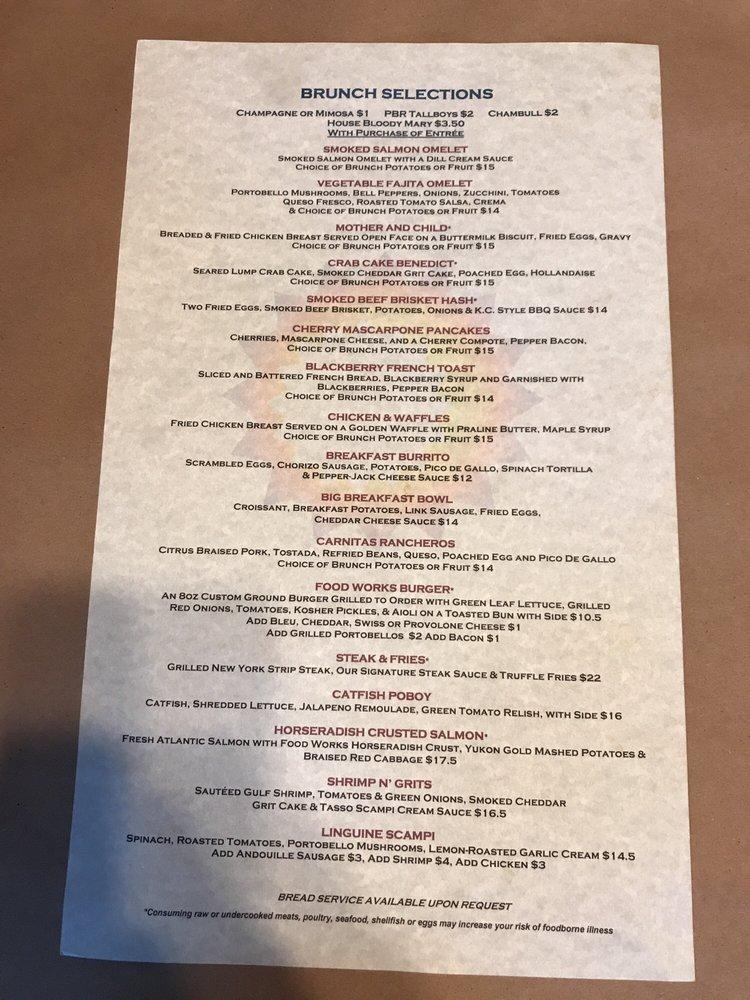Menu at Food Works restaurant, Chattanooga