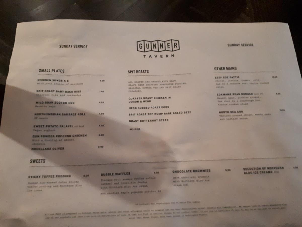 Menu at Gunner Tavern pub & bar, Newcastle upon Tyne