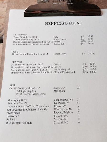 Menu at Henning's Local restaurant, Cochecton Center