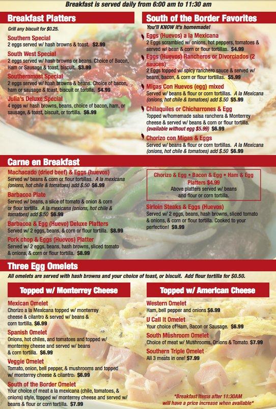 Menu at Julias Restaurant, Los Fresnos