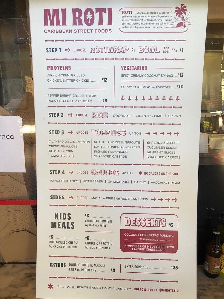 Menu at Mi Roti restaurant, San Antonio