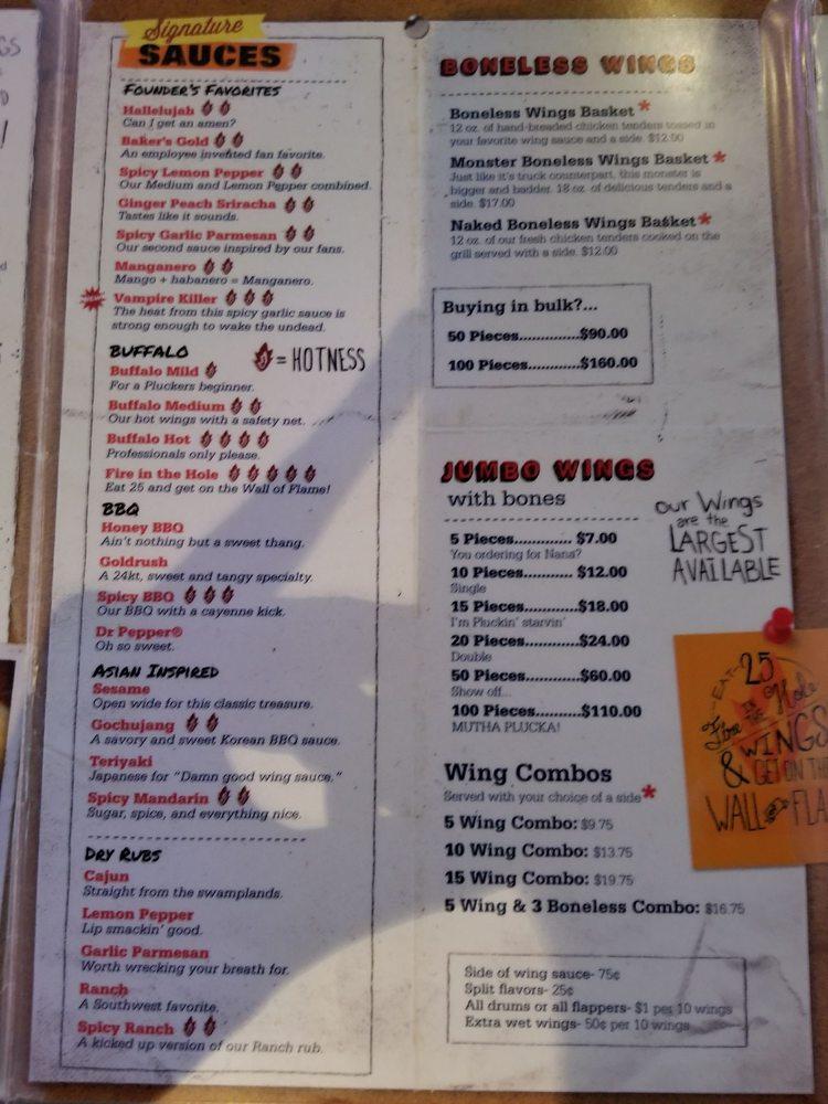 Menu at Pluckers Wing Bar, Cypress, Northwest Fwy