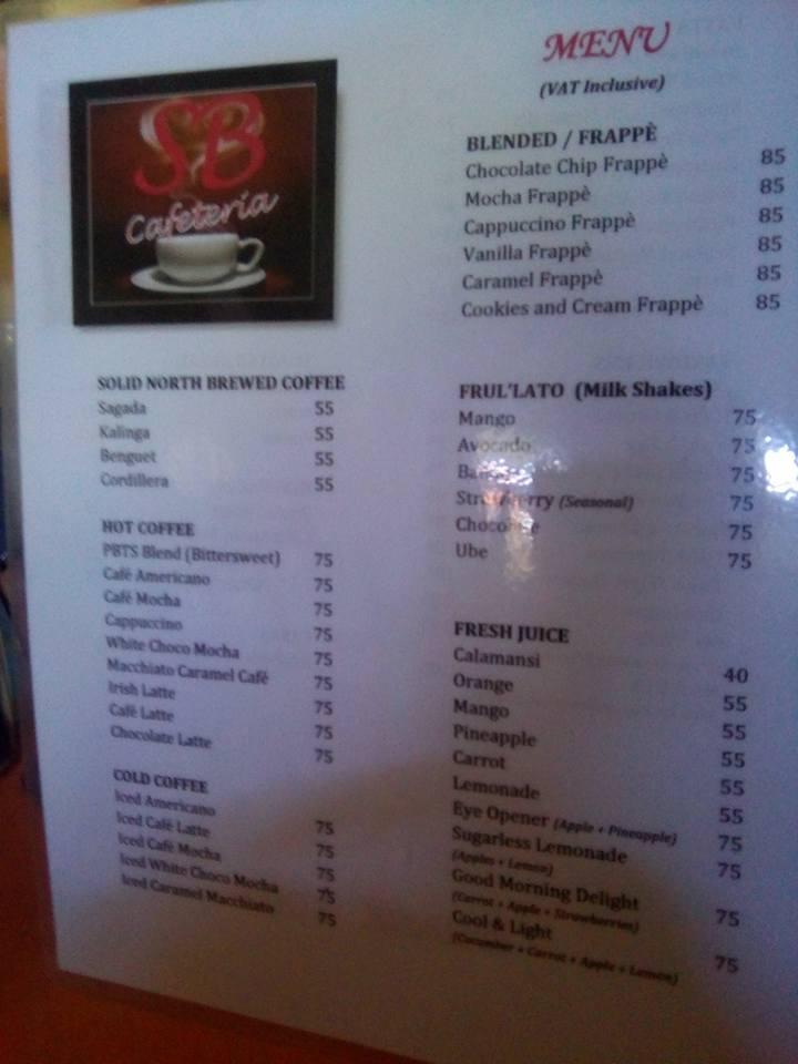 Menu at Sb Cafeteria, Baguio
