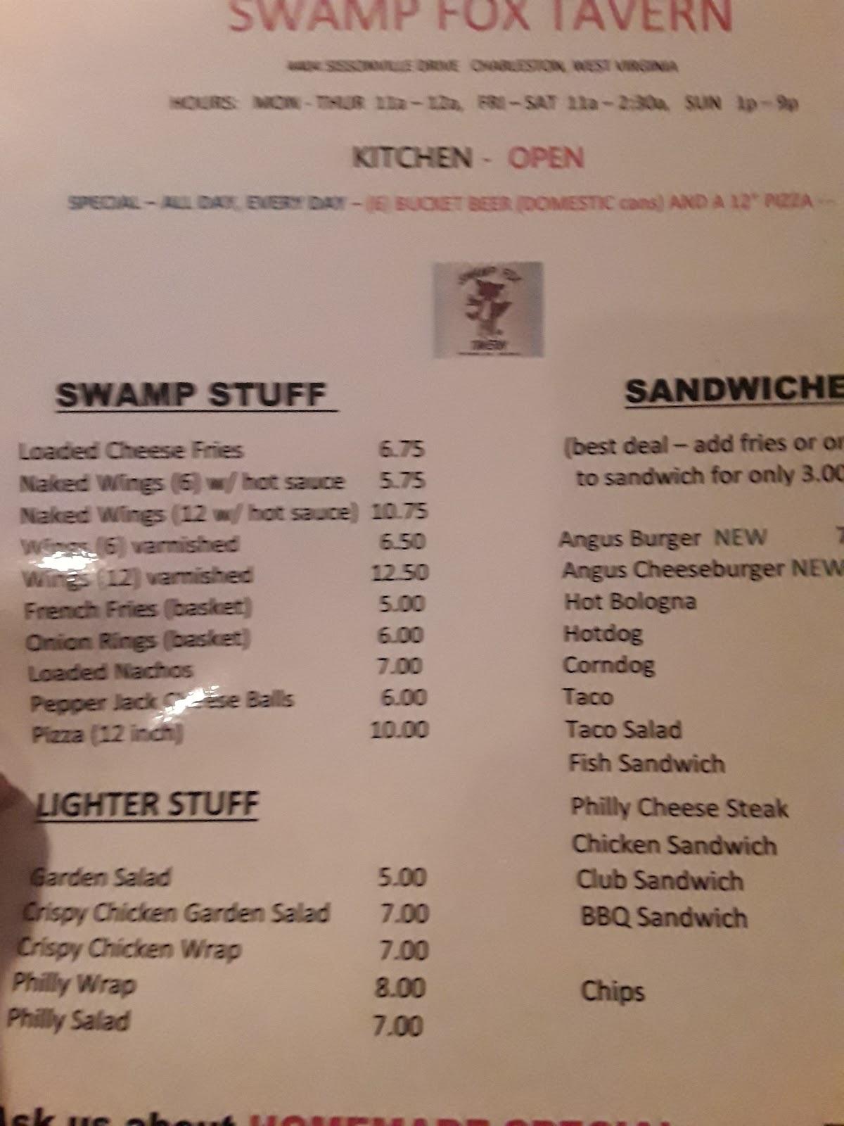Menu at Swamp Fox pub & bar, Charleston